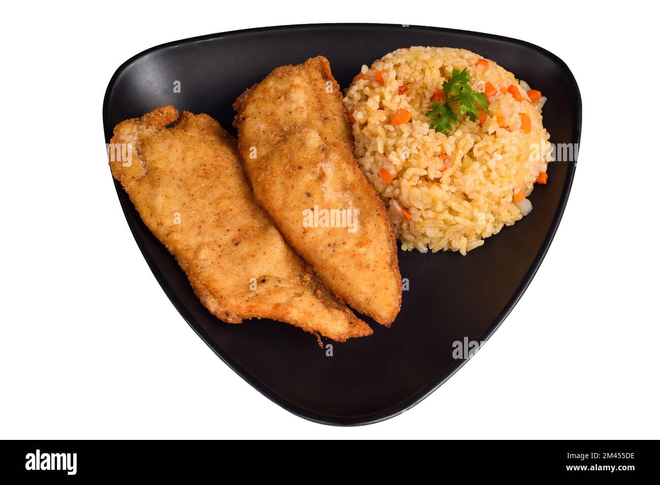 Mexican fried chicken filet with rice isolated on white background top ...