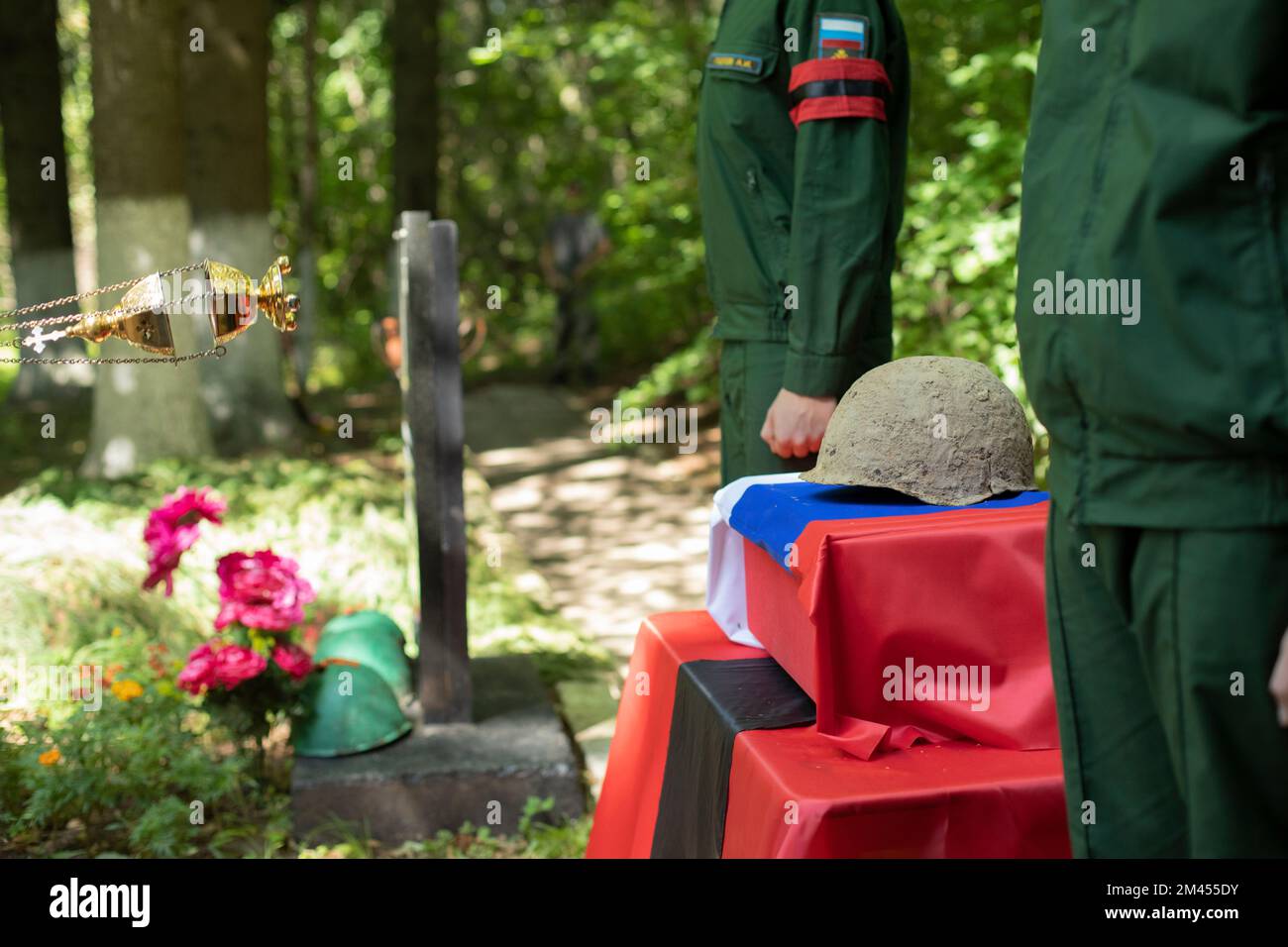 Burial of soldier of Second World War in Russia. Pre-burial of remains ...