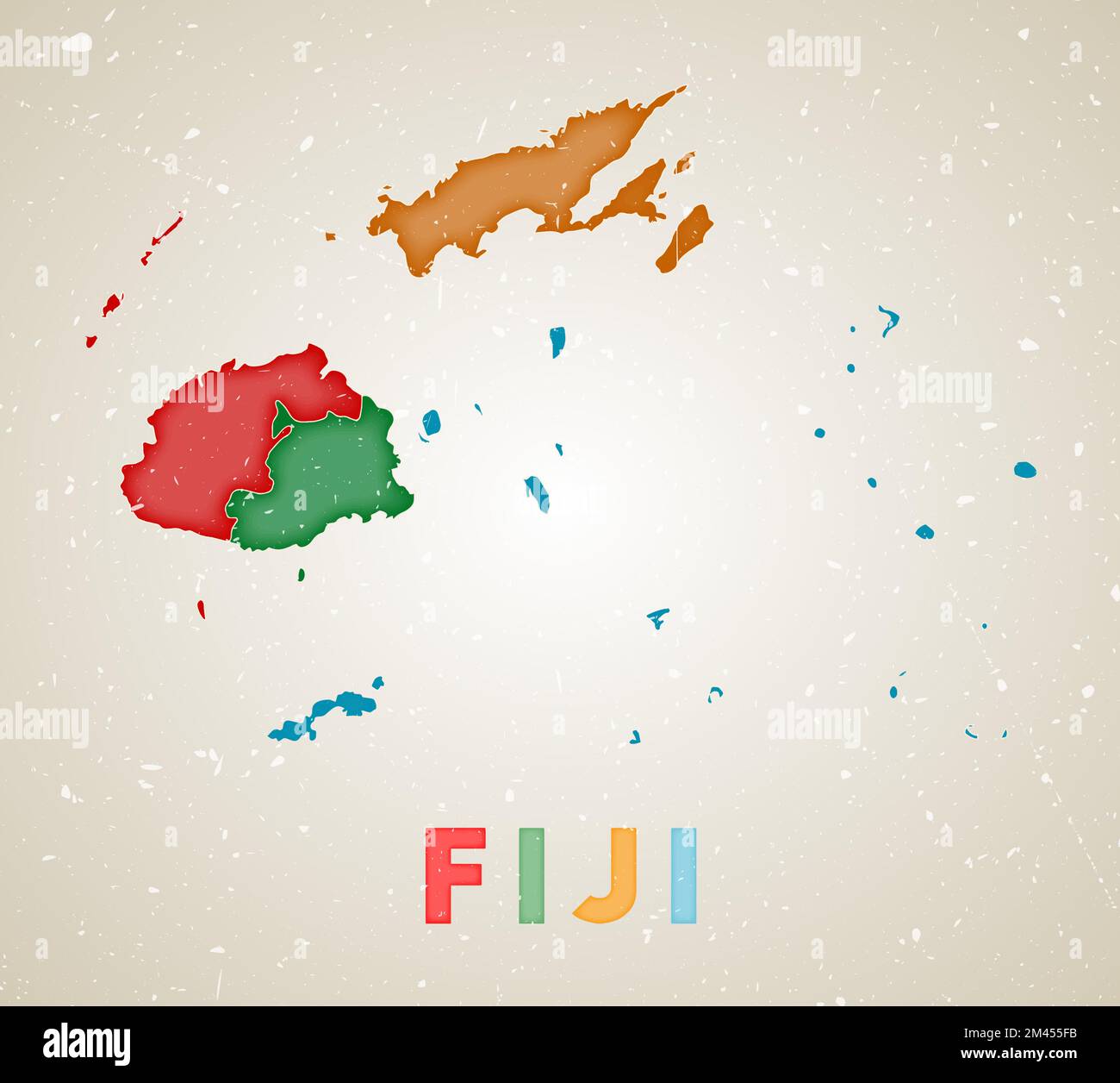 Fiji map. Country poster with colored regions. Old grunge texture ...