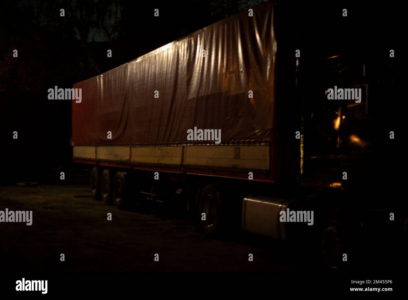 Truck at night. Truck in overnight parking lot. Body of transport ...
