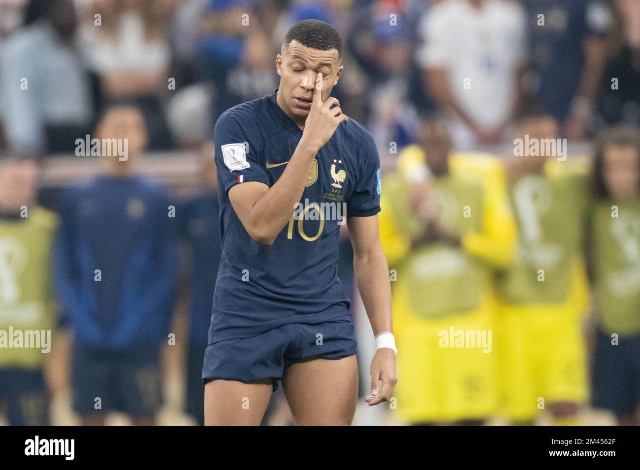 Lusail, Qatar, December 18, 2022. France's forward Kylian Mbappe reacts ...
