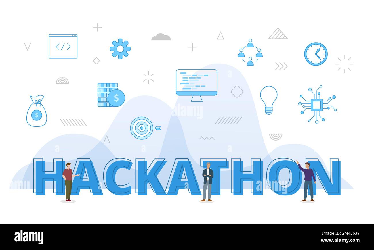hackathon concept with big words and people surrounded by related icon ...