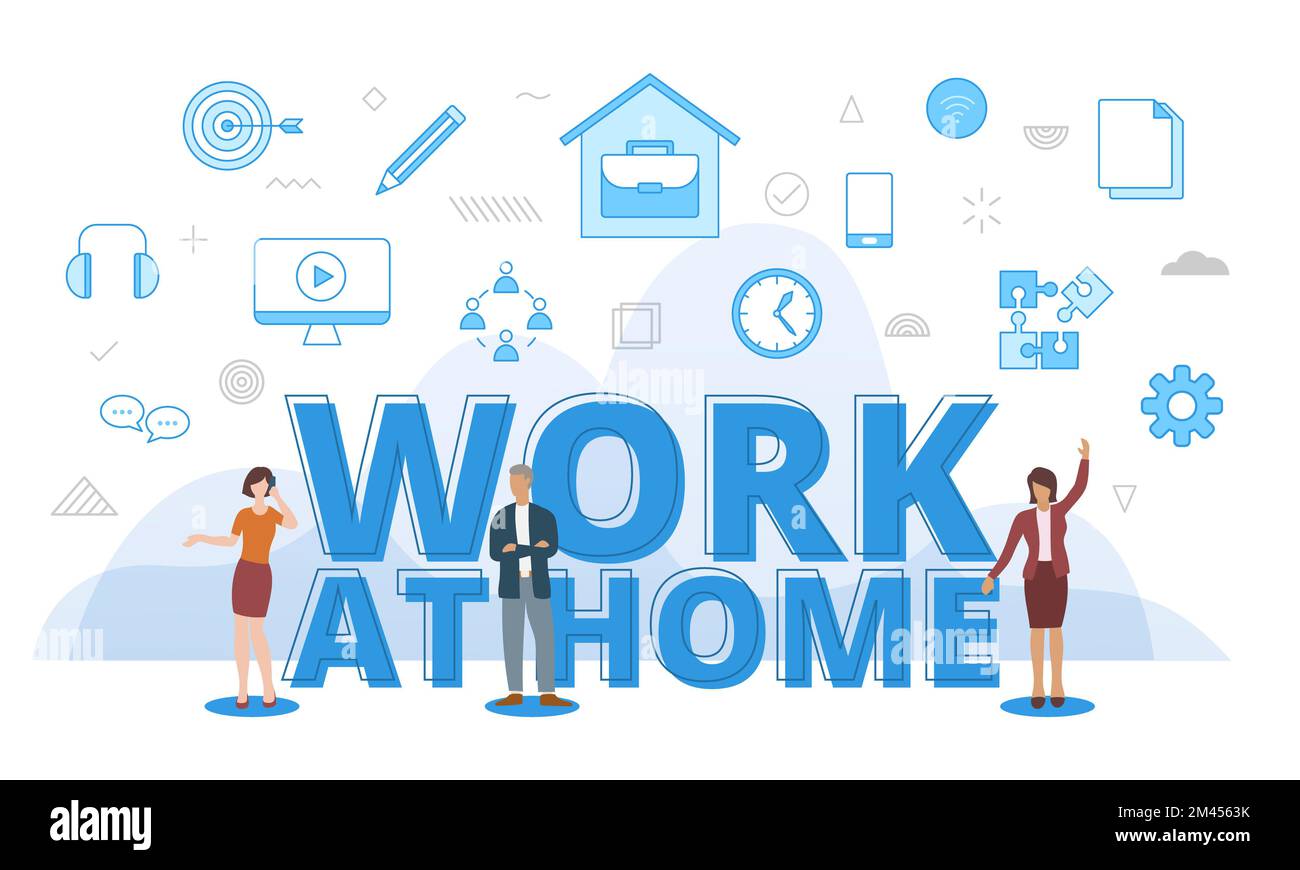 work from home wfh concept with big words and people surrounded by ...