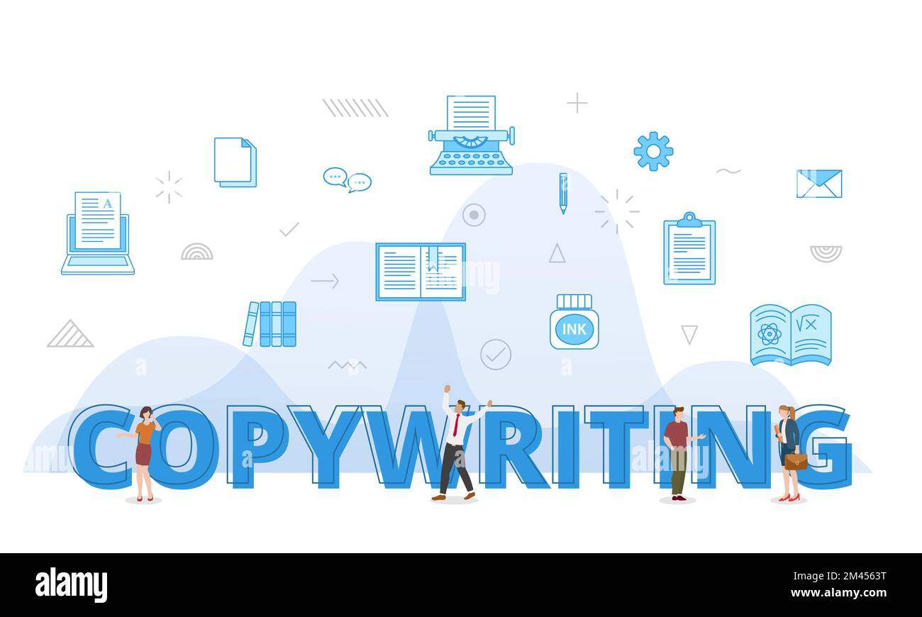 copywriting concept with big words and people surrounded by related ...
