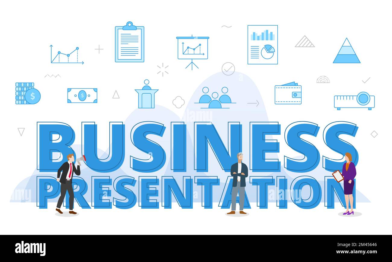 business presentation concept with big words and people surrounded by ...