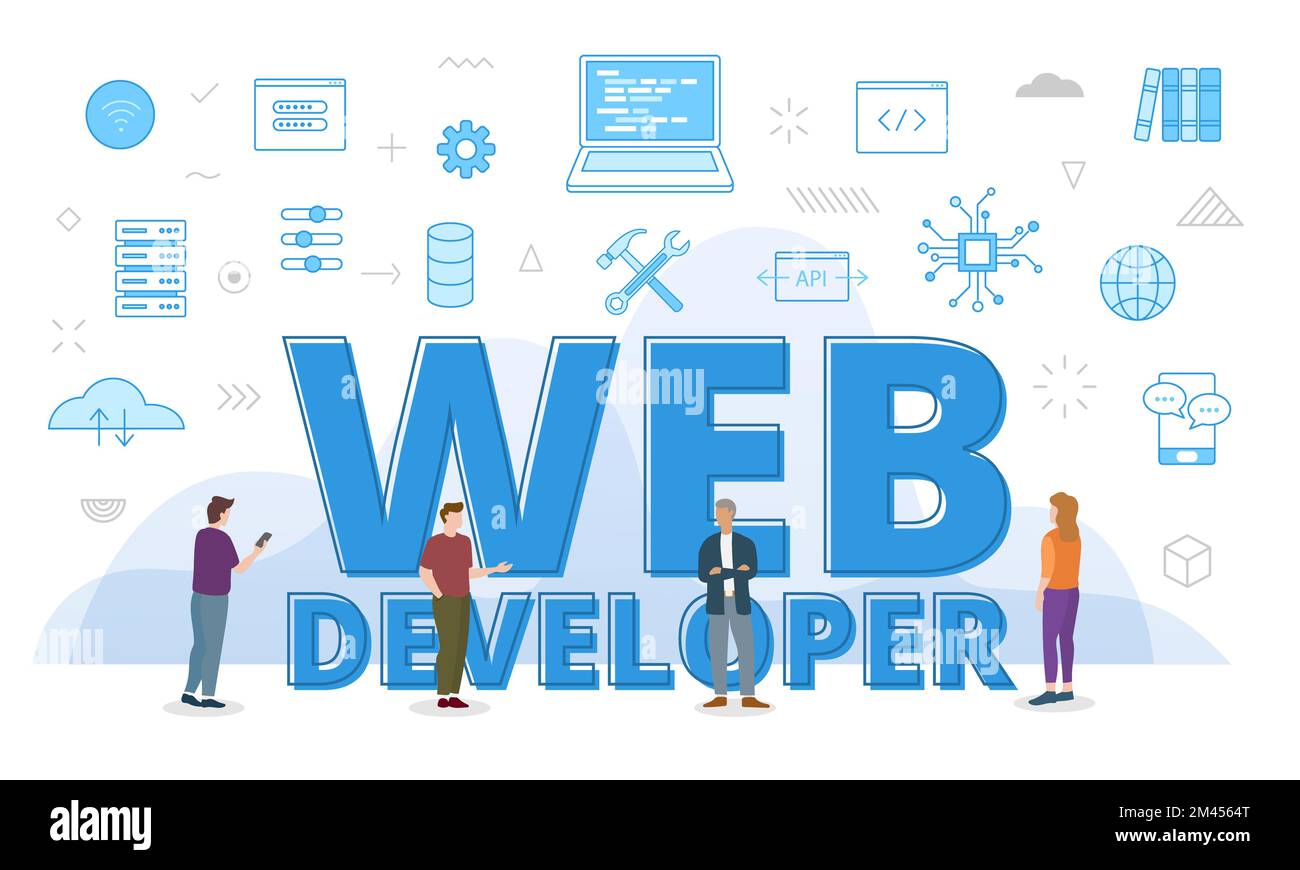 web developer concept with big words and people surrounded by related ...