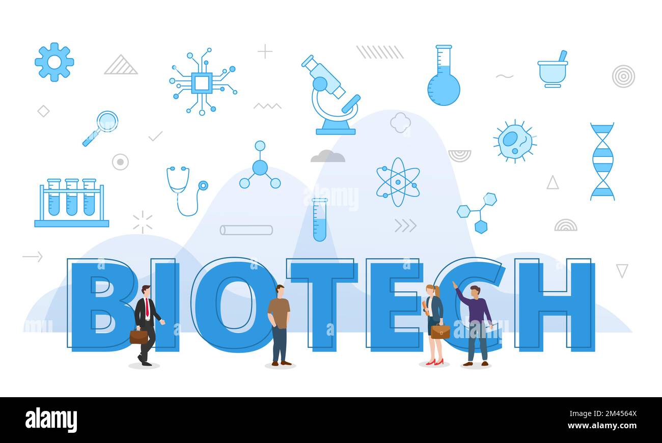 biotech concept with big words and people surrounded by related icon ...
