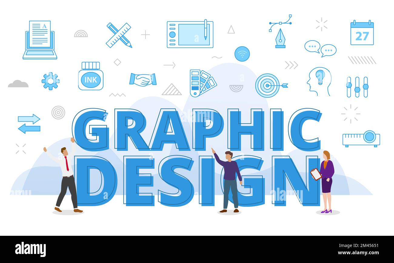 graphic design concept with big words and people surrounded by related ...