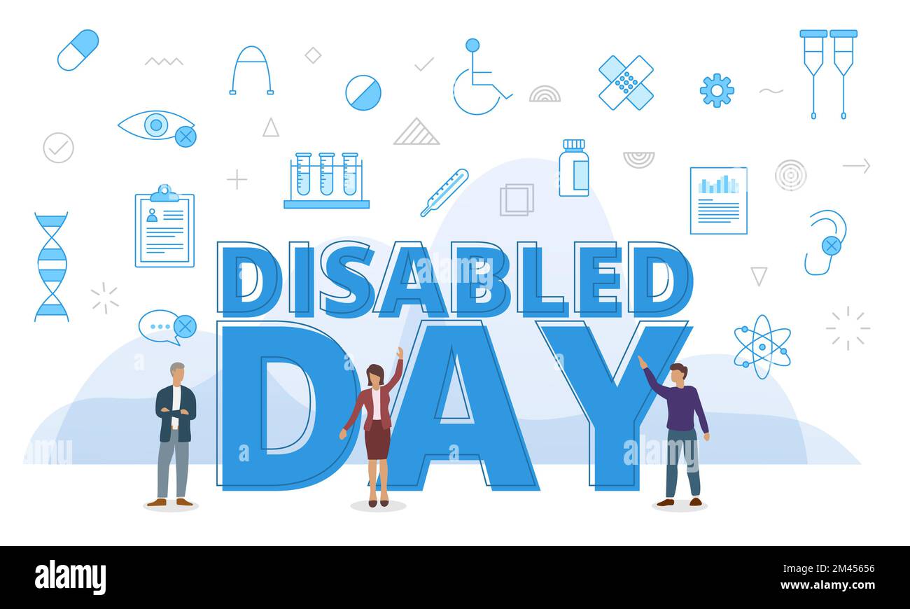 disabled day concept with big words and people surrounded by related ...