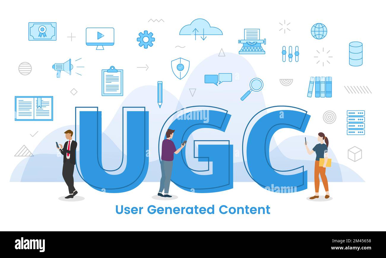ugc concept with big words and people surrounded by related icon ...
