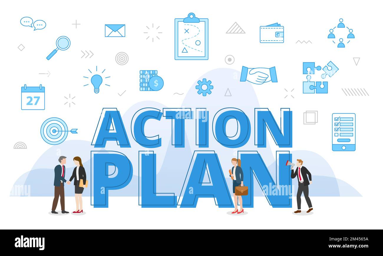 action plan concept with big words and people surrounded by related ...