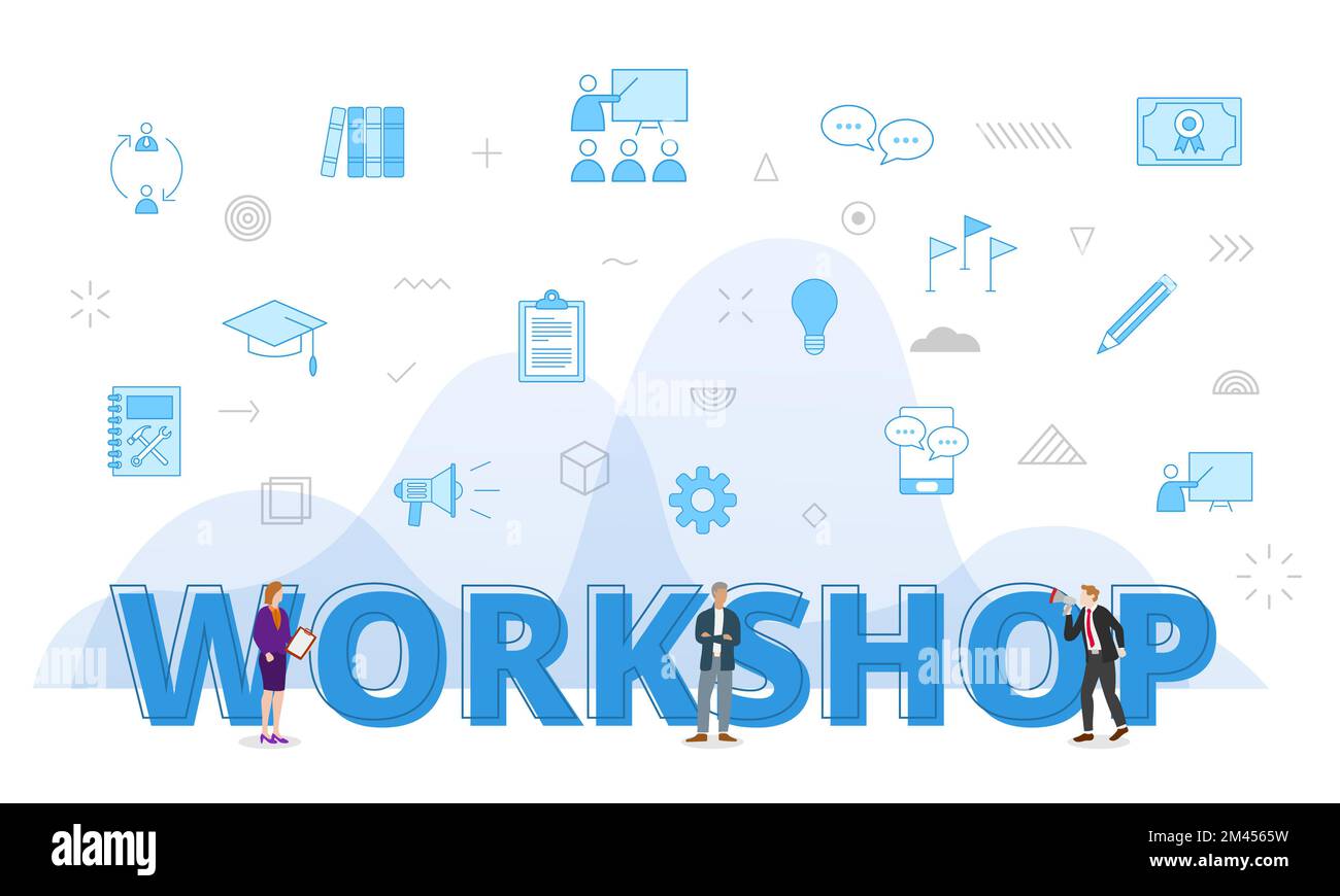 workshop concept with big words and people surrounded by related icon ...