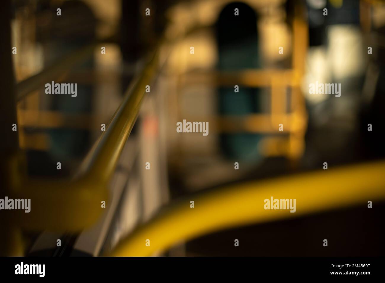 Interior of bus. Yellow handrail in transport. Machine Interior Parts ...