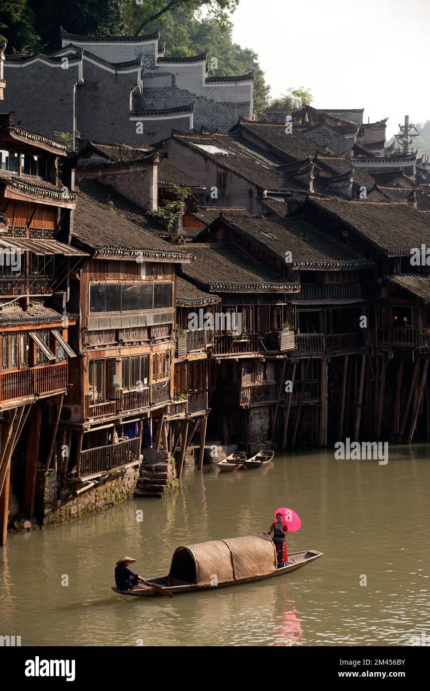 Local minority boat show in the river at Fenghuang ancient city ,Hunan ...