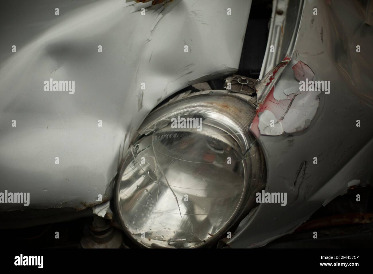 Broken headlight of car. Transport after accident. Broken metal ...