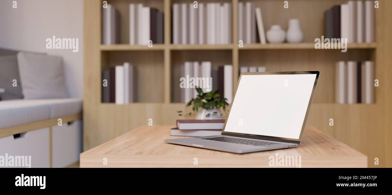 close-up, side view, Portable laptop white screen mockup is on minimal ...