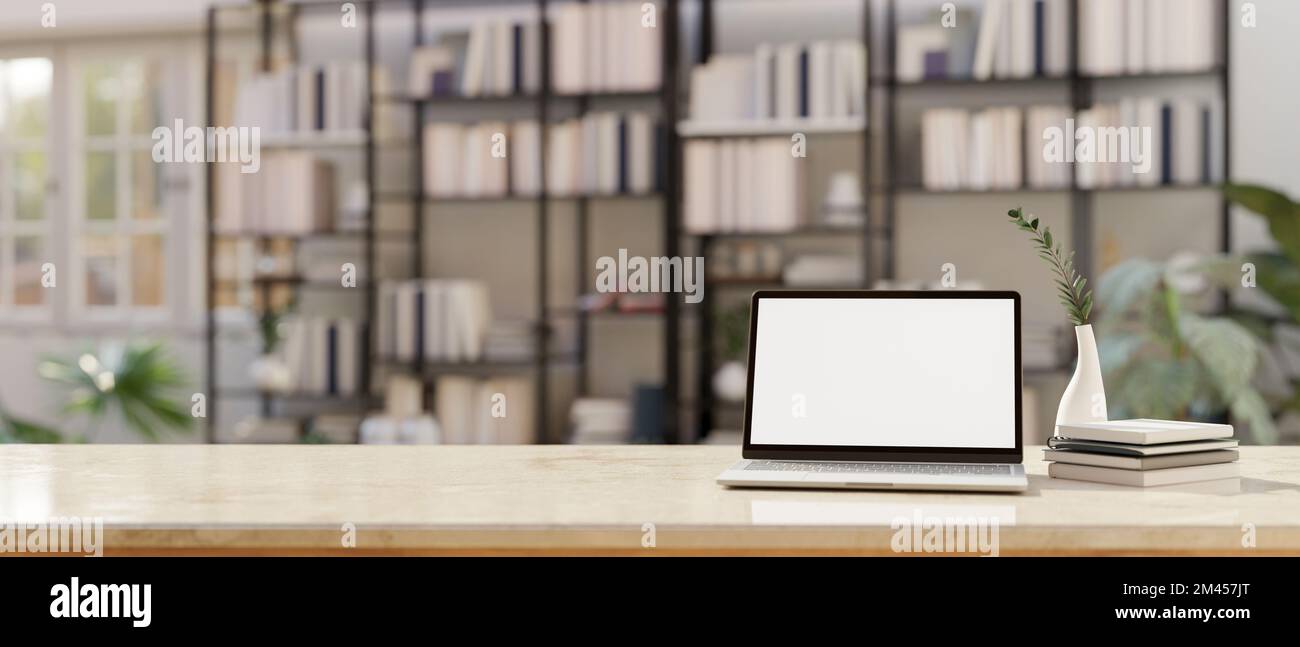 close-up image, Workspace with laptop white screen mockup, books, decor ...