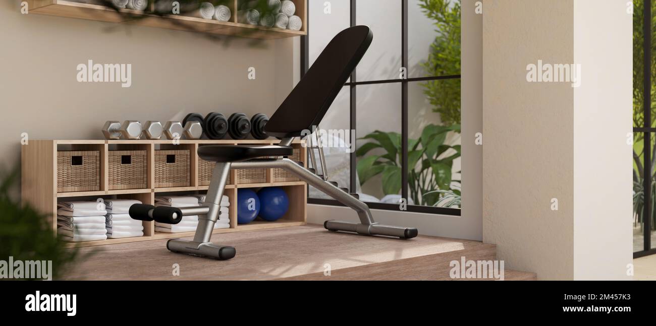 Modern contemporary home exercise fitness space with sport bench ...