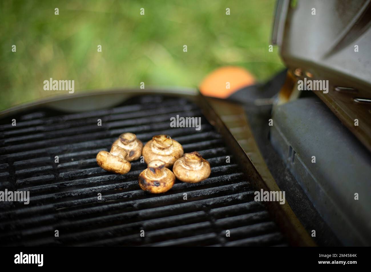 Mushrooms are grilled. Picnic details. Food on steel grate. Cooking in summer Stock Photo - Alamy