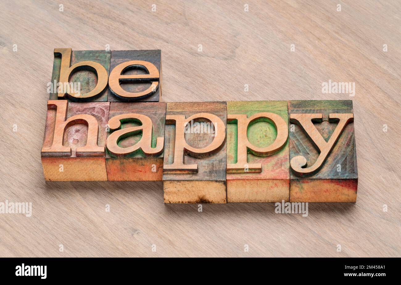 be happy word abstract in letterpress wood type, happiness, positive ...
