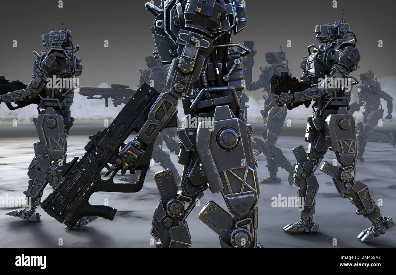 3d Illustration of a group cyborgs mission. Invasion of military robots ...