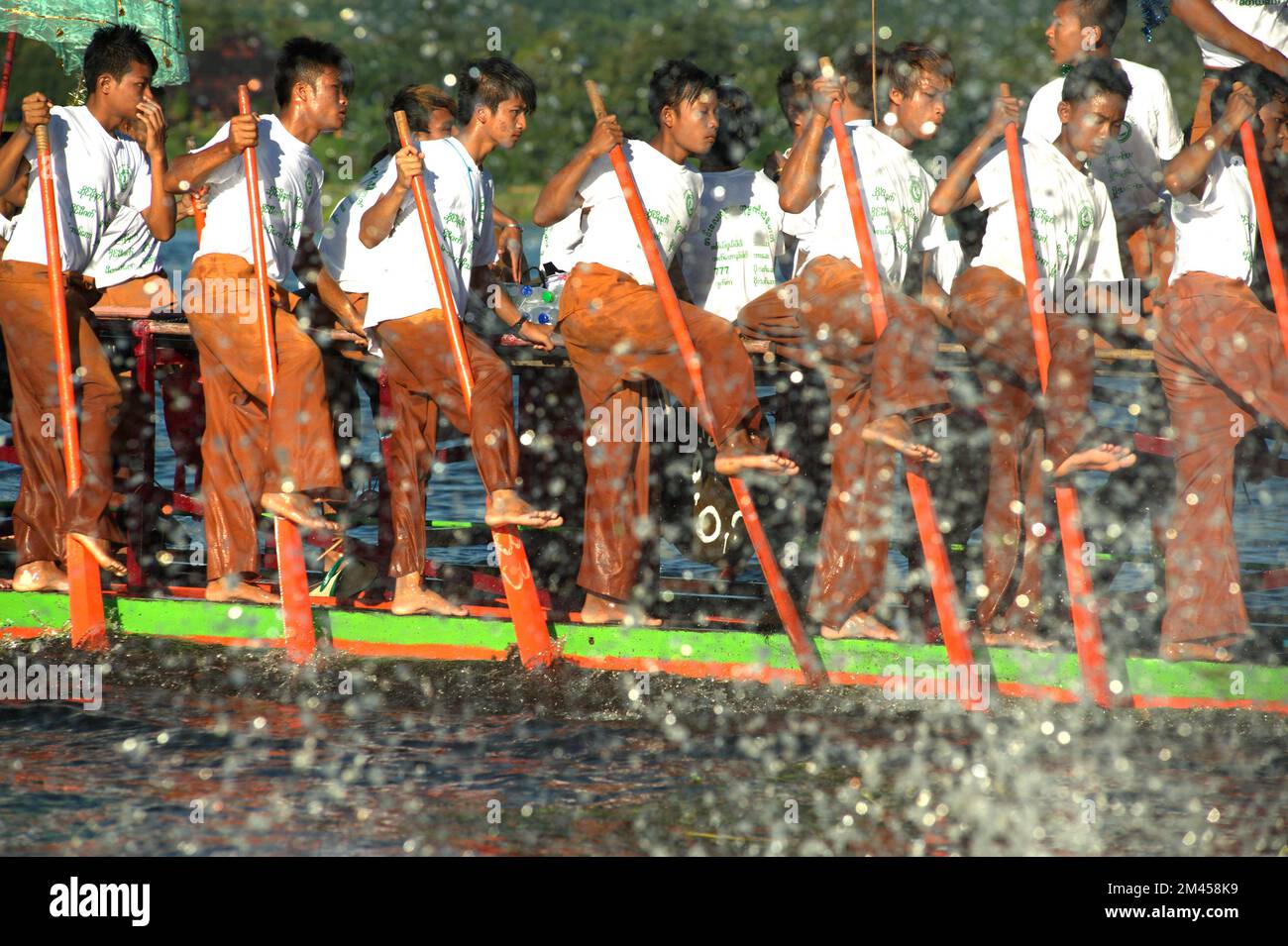 Peoples paddle by legs on the procession in Phaung Daw Oo Festival ...