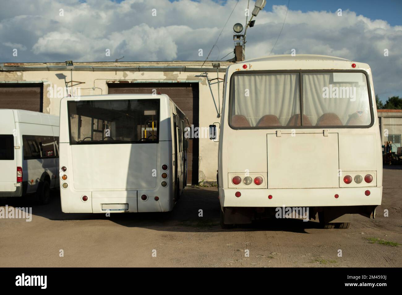 Parking of vehicles. Buses are white. Private area with buses. Place ...