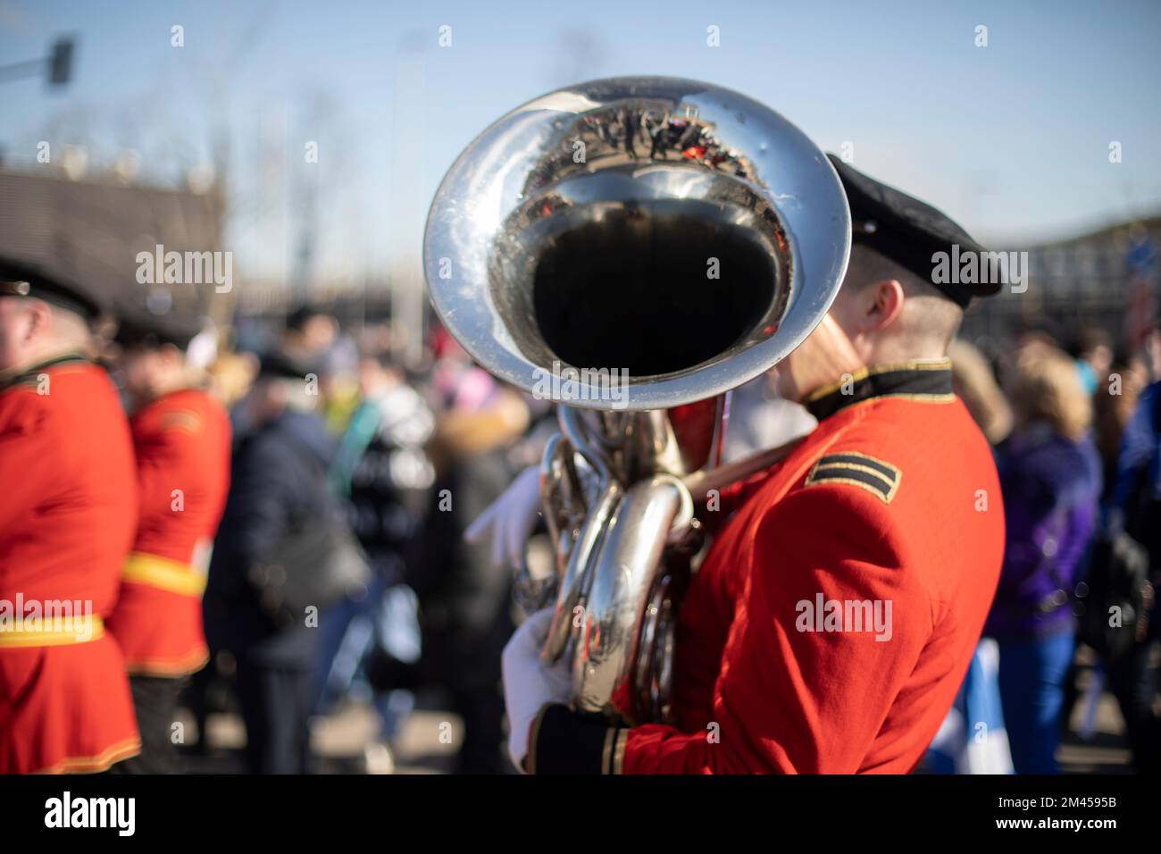 Trumpeter in Russia. Military band. Musical instrument. Guy blows pipe ...