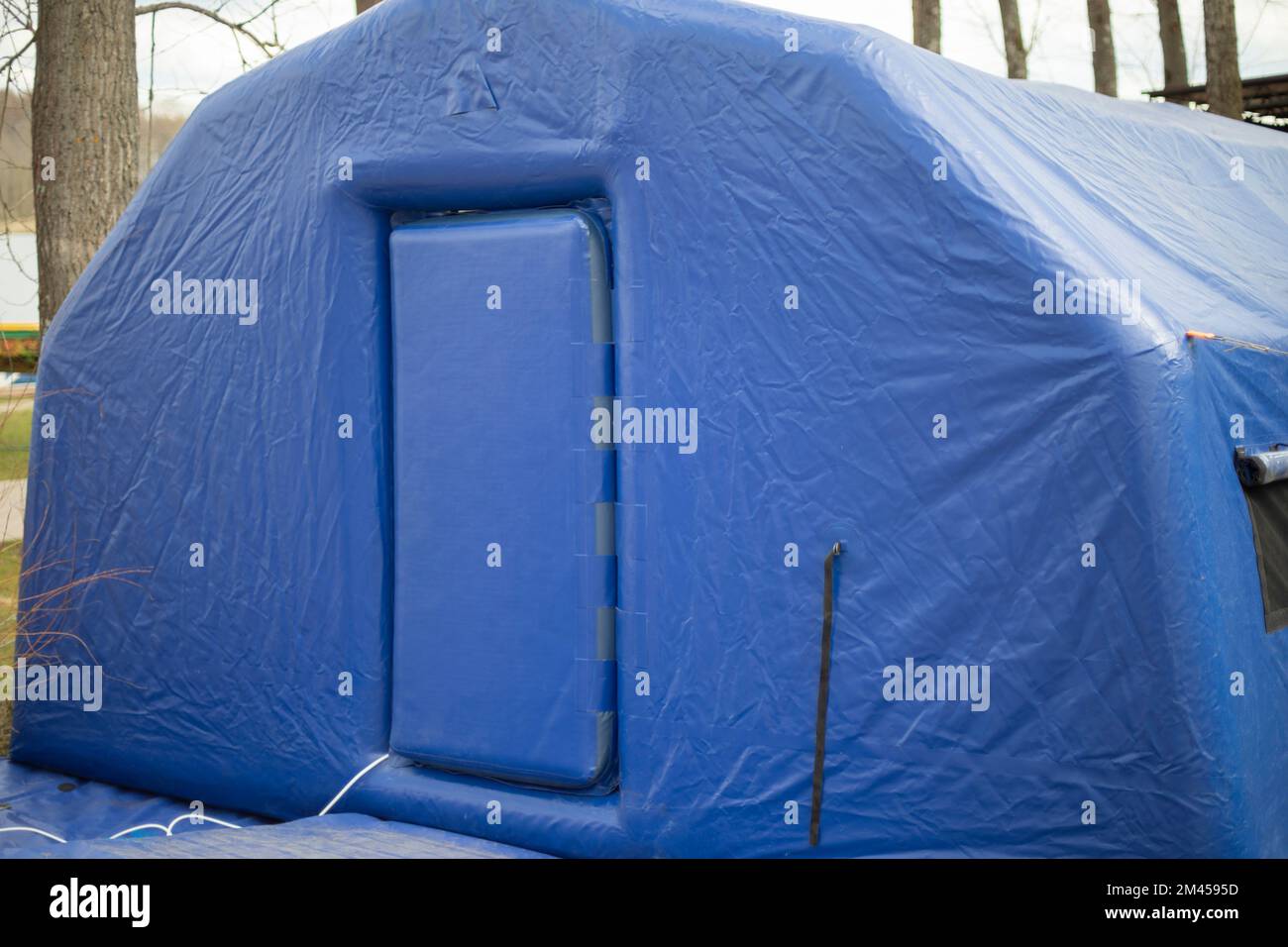 Blue portable sauna. Outdoor sauna. Inflatable room. Rubber ...