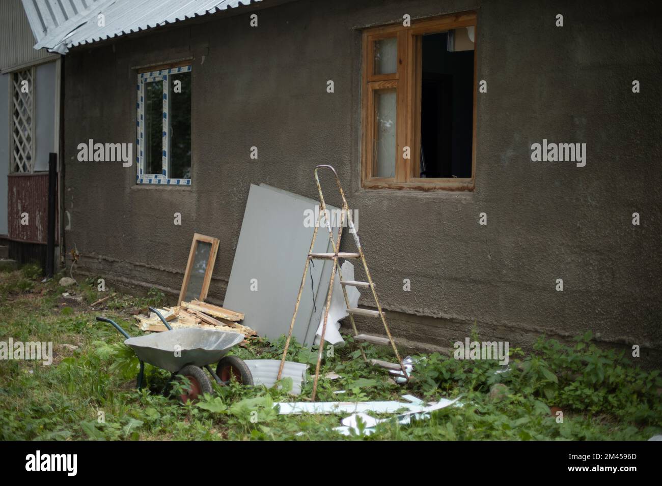 Old house. Abandoned building. House without windows. Broken glass ...