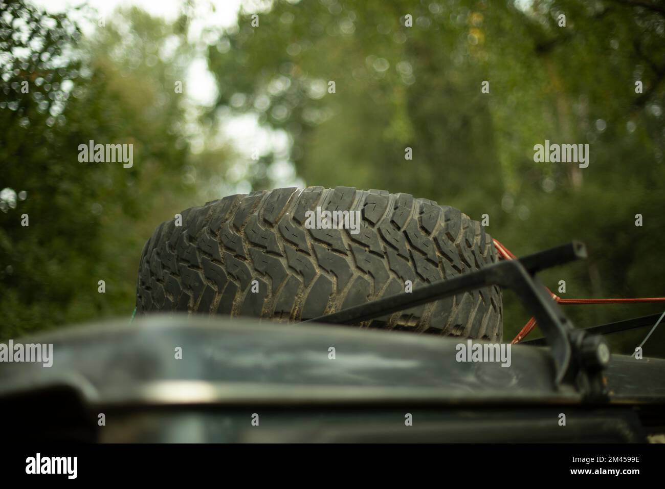 Wheel on roof of car. Spare tire on trunk. Transport for forests. Tire ...