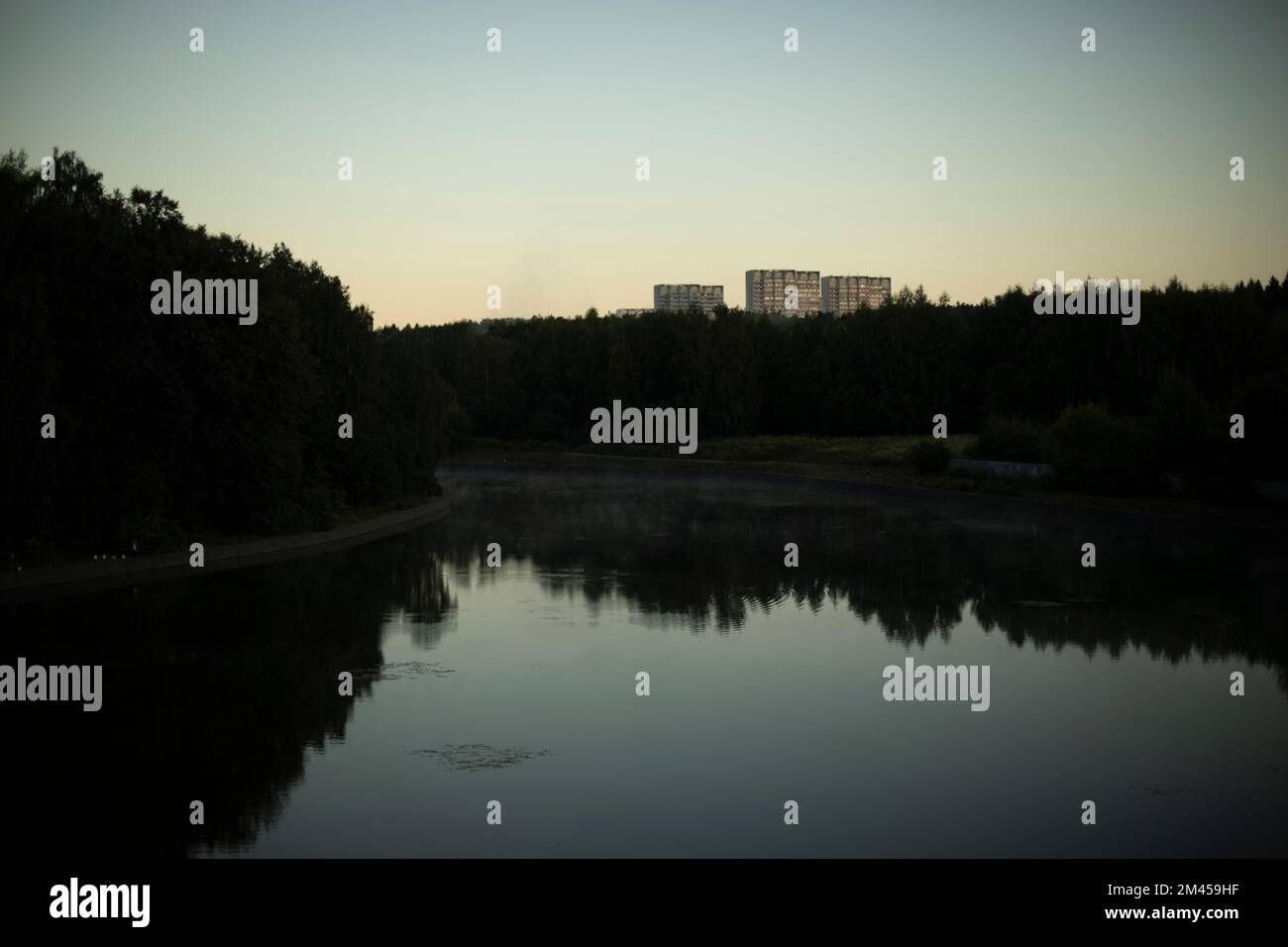 Lake in city. Pond in evening. Natural object in park. Forest ...