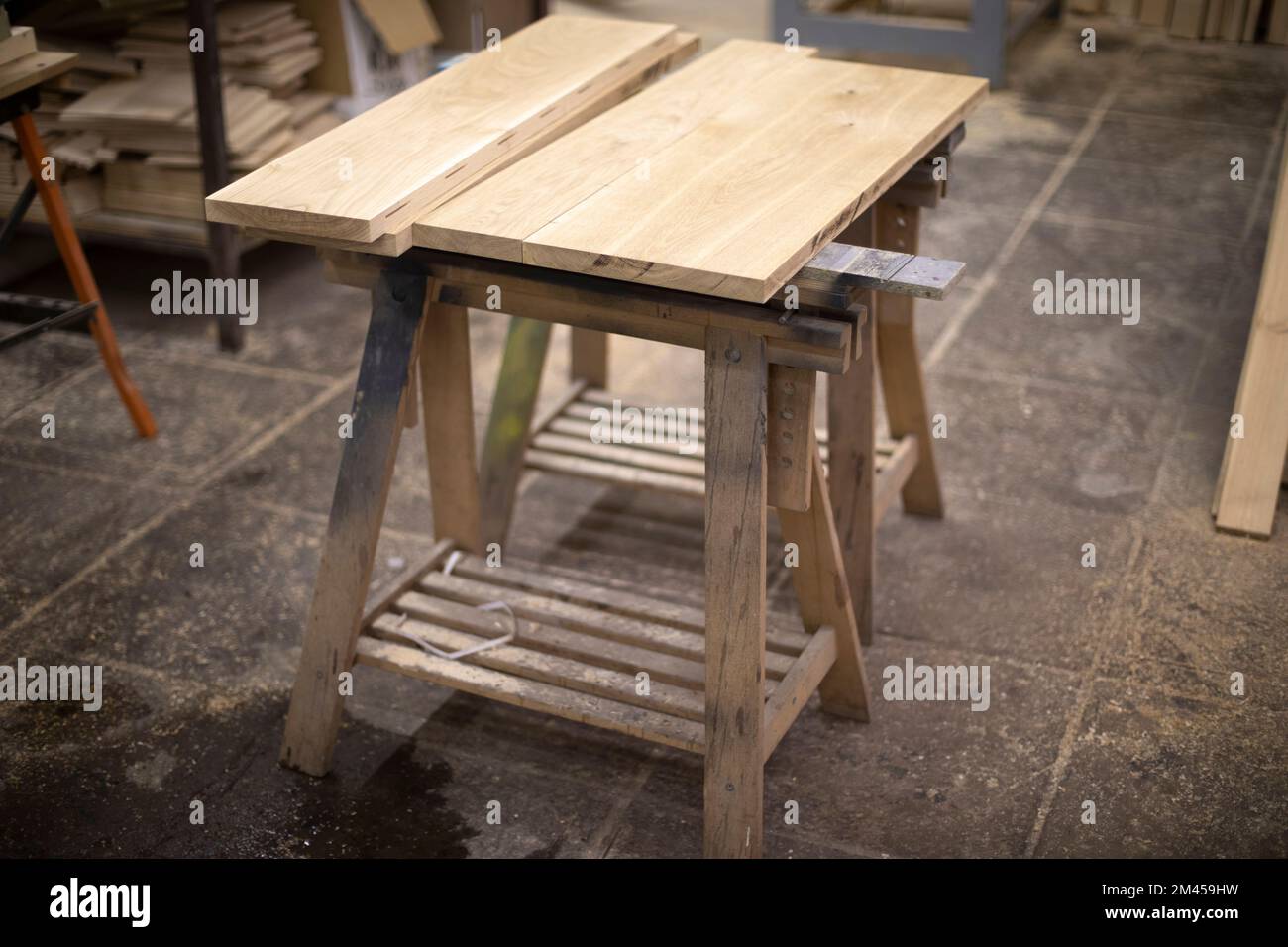 Workbench for sawing board. Carpenter's workplace. Details of carpentry ...