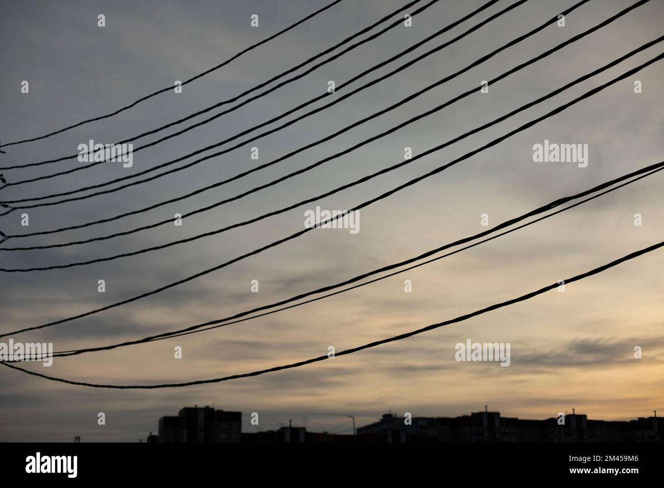 Electrical wires on pole. Many wires against sky. High voltage pole ...