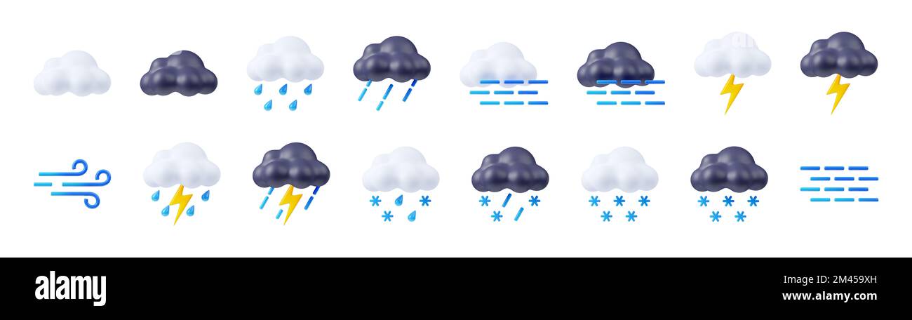 3d render weather icons set, clouds with lightnings and snow or rain ...