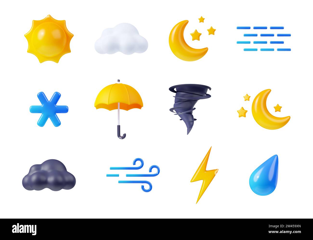 3d Render Weather Icons Set Sun Shining Black Or White Clouds Lightning And Snowflake