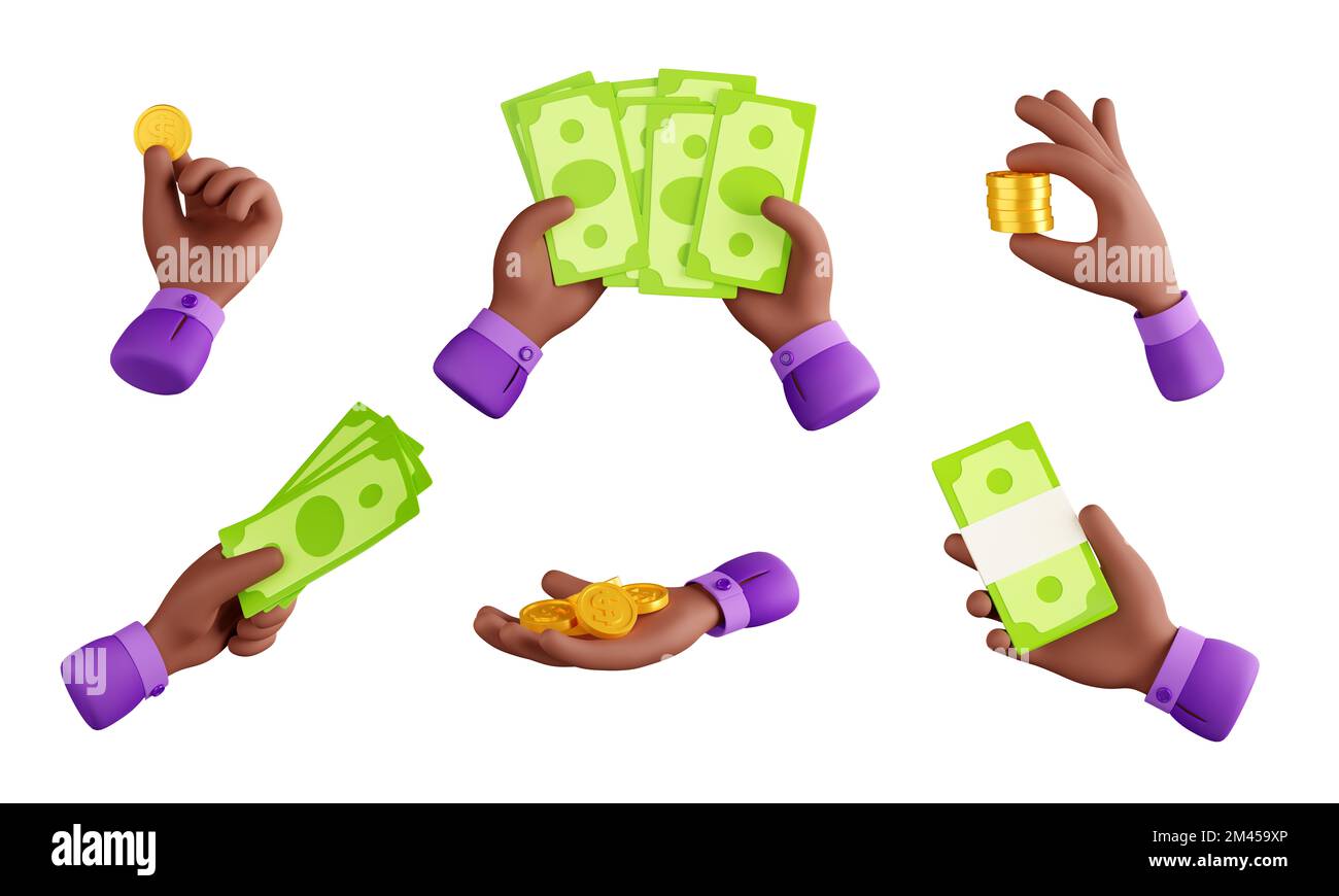 Human hand holding gold coins and paper cash money. African american ...