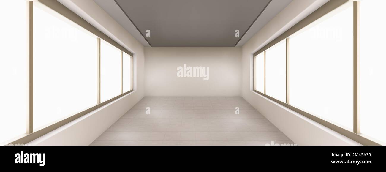 Corridor with large windows by sides and white walls. Modern ...