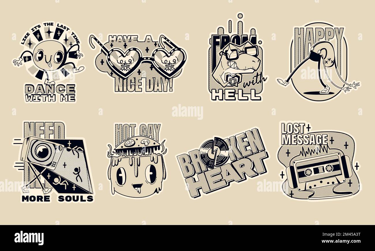 Abstract retro stickers in y2k style. Monochrome icons with psychedelic ...
