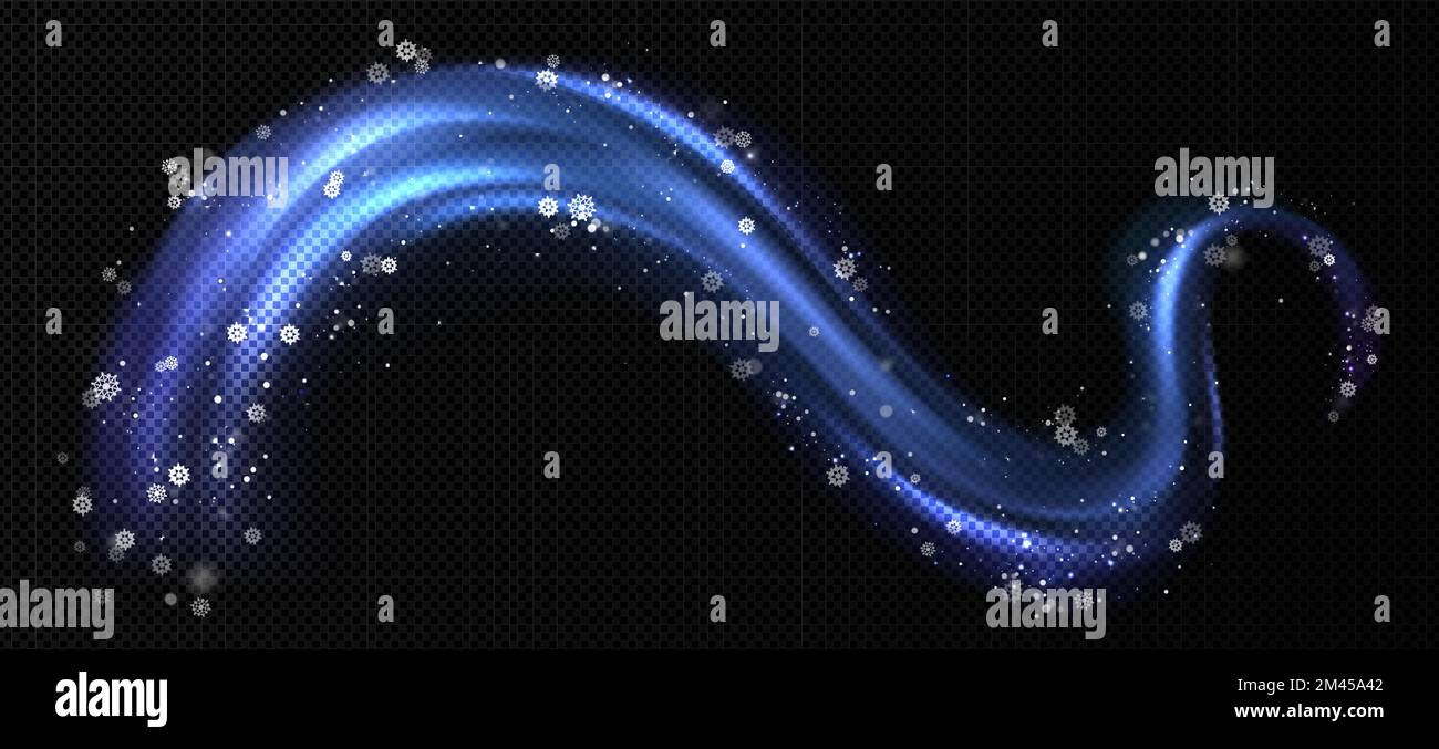 Cold winter light effect, curve bright twinkle line. Wind blow with ...