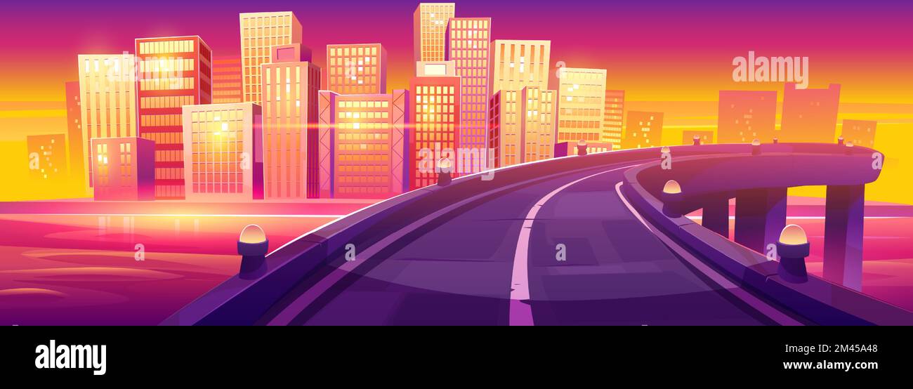 Morning cityscape with highway bridge across river. Cartoon vector ...