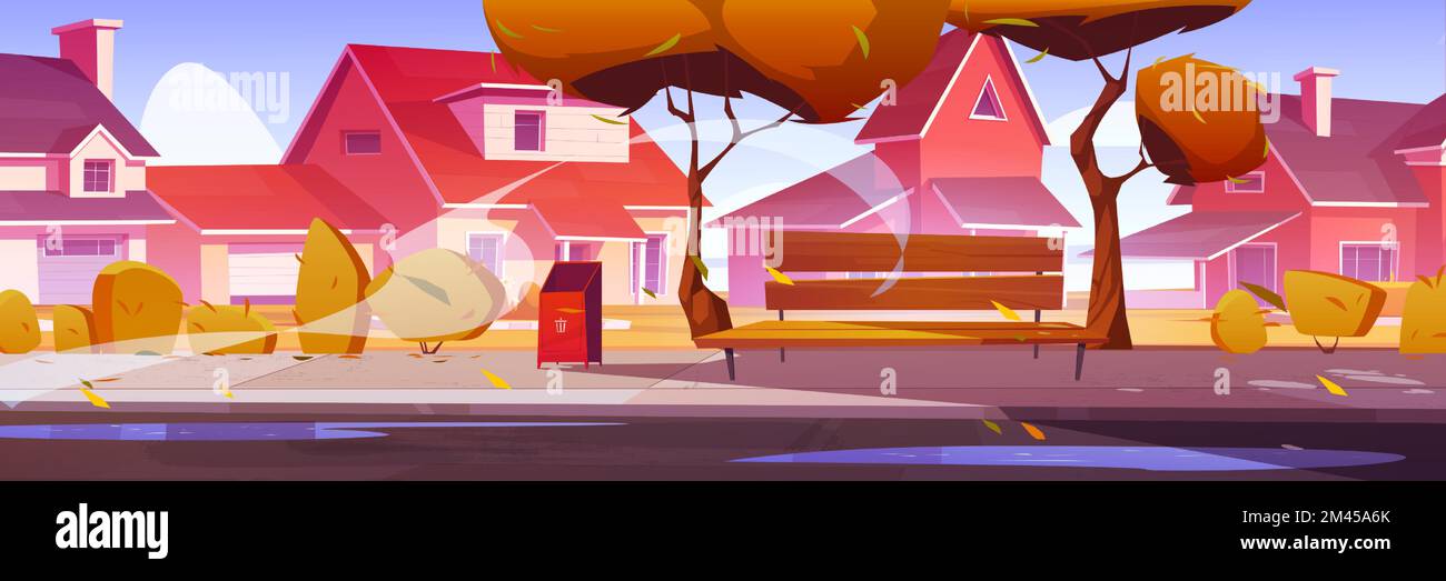 Autumn town street with cozy houses and yellow trees. Cartoon vector ...