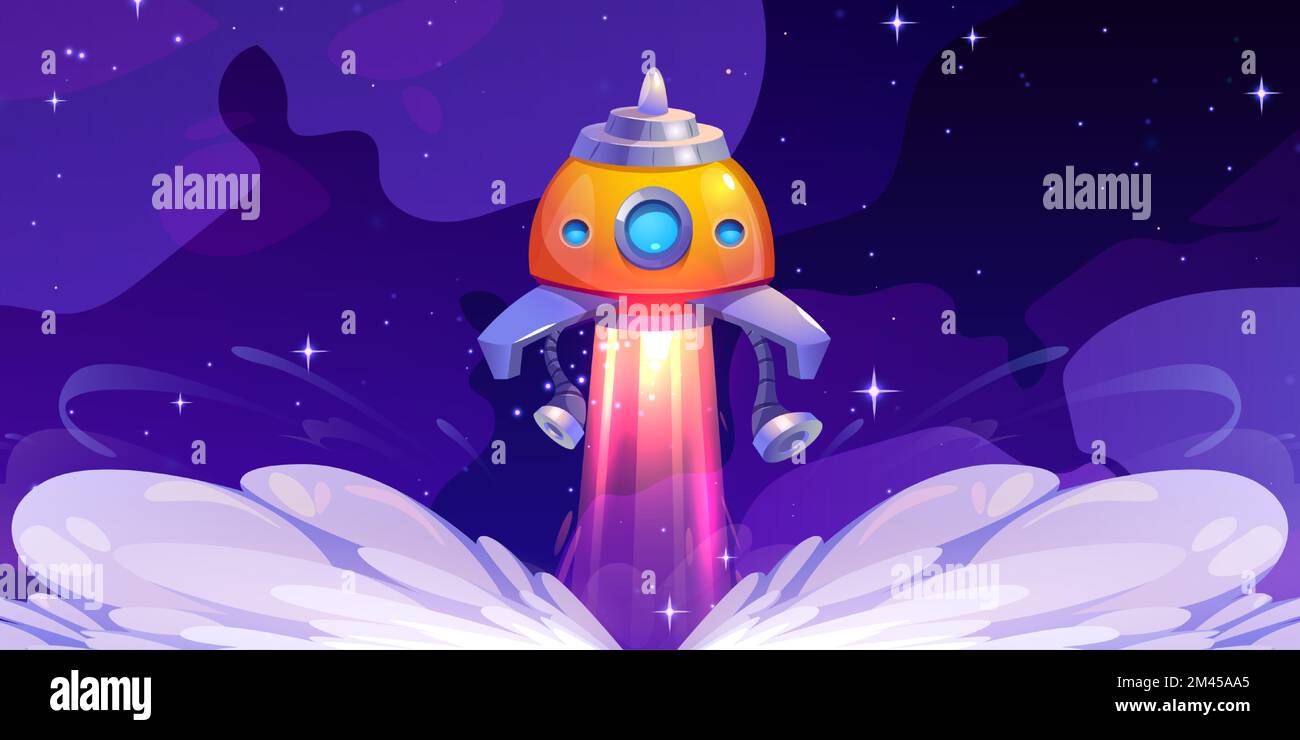 Cartoon spacecraft launch into outer space. Vector illustration of ...