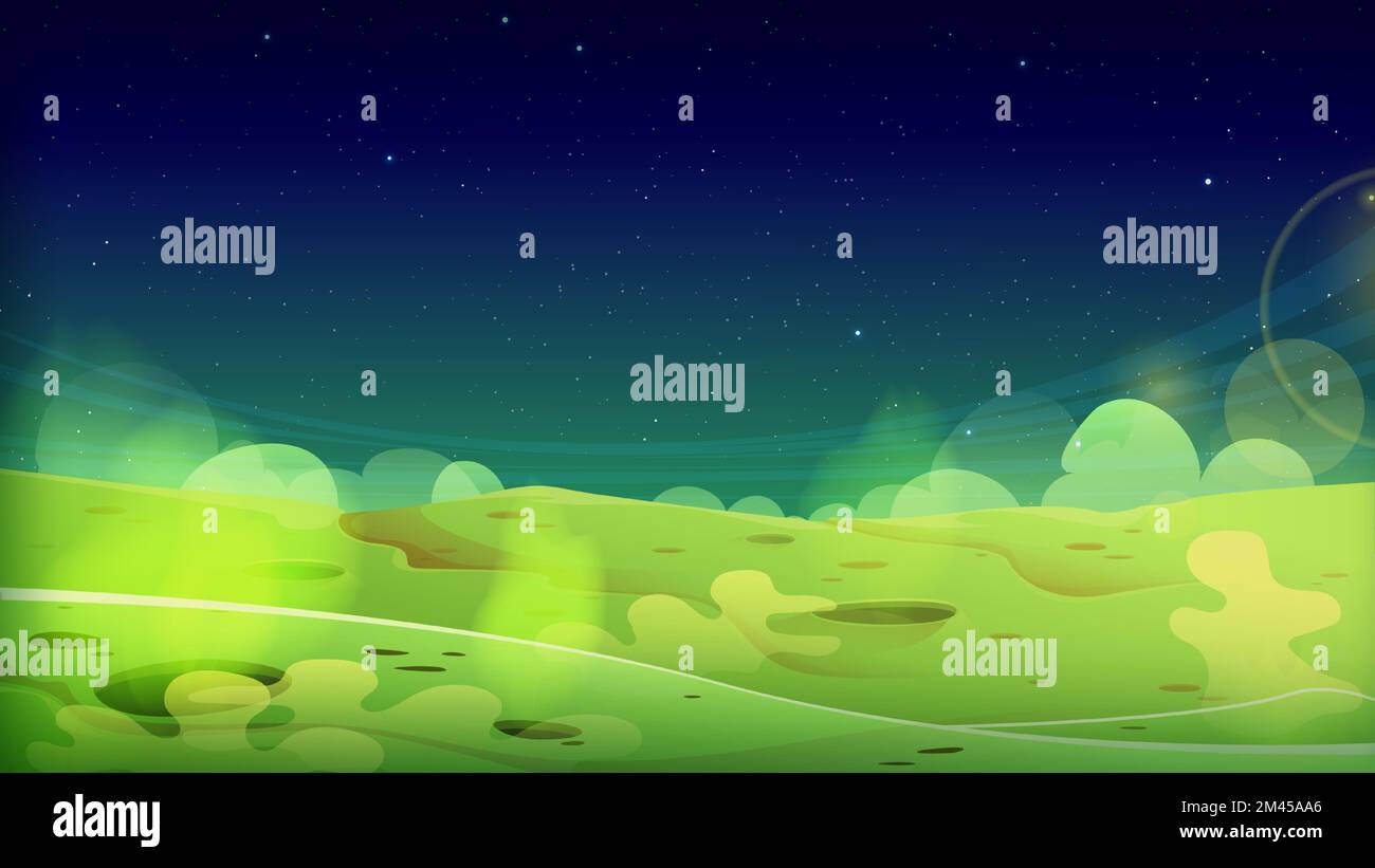 Green alien planet surface with craters and toxic smoke. Cartoon vector ...