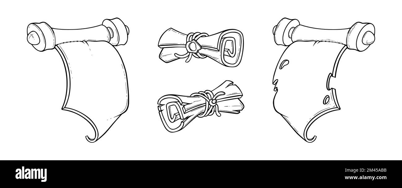 Ancient scroll sketches. Torn paper scrolls for games. Vector illustration isolated in white ...