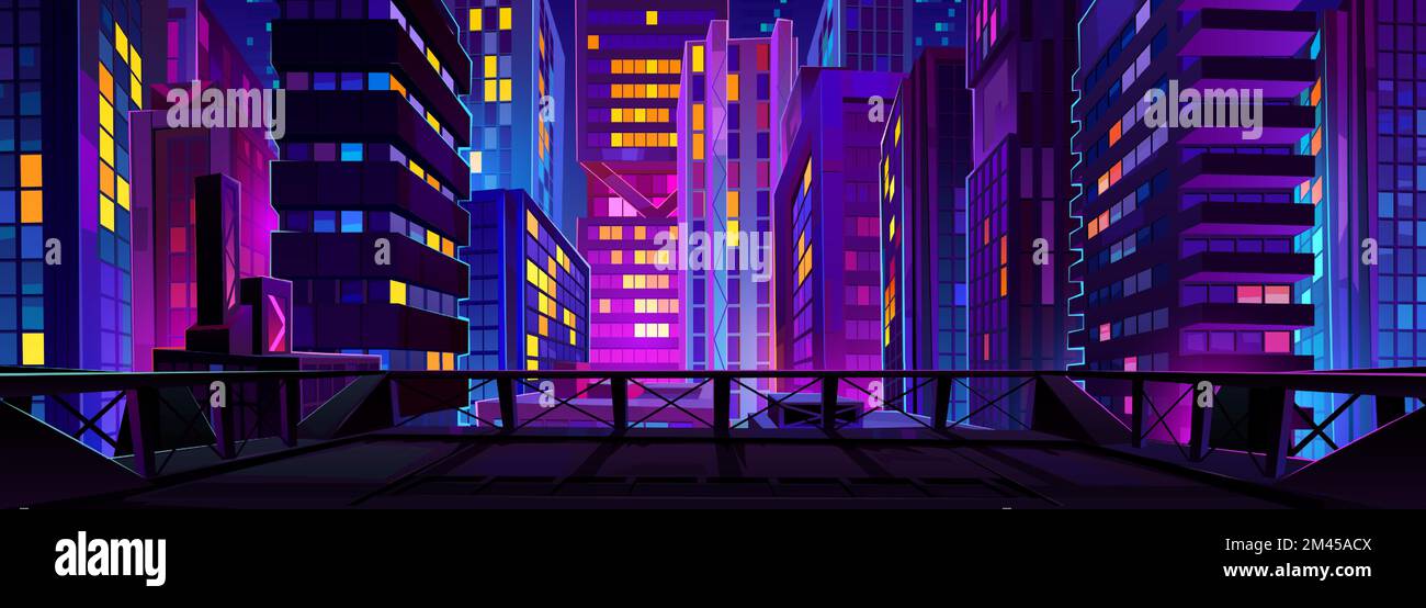 Modern night city view from top of roof. Cartoon vector illustration of ...