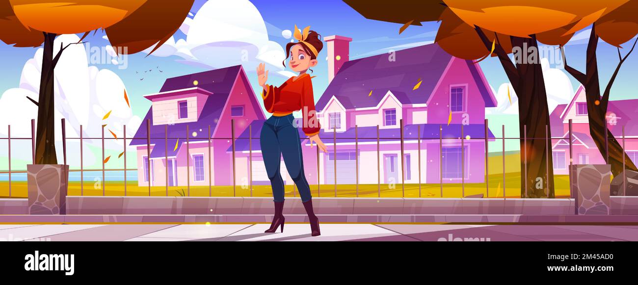 Happy young woman standing in autumn street near own house, smiling and ...