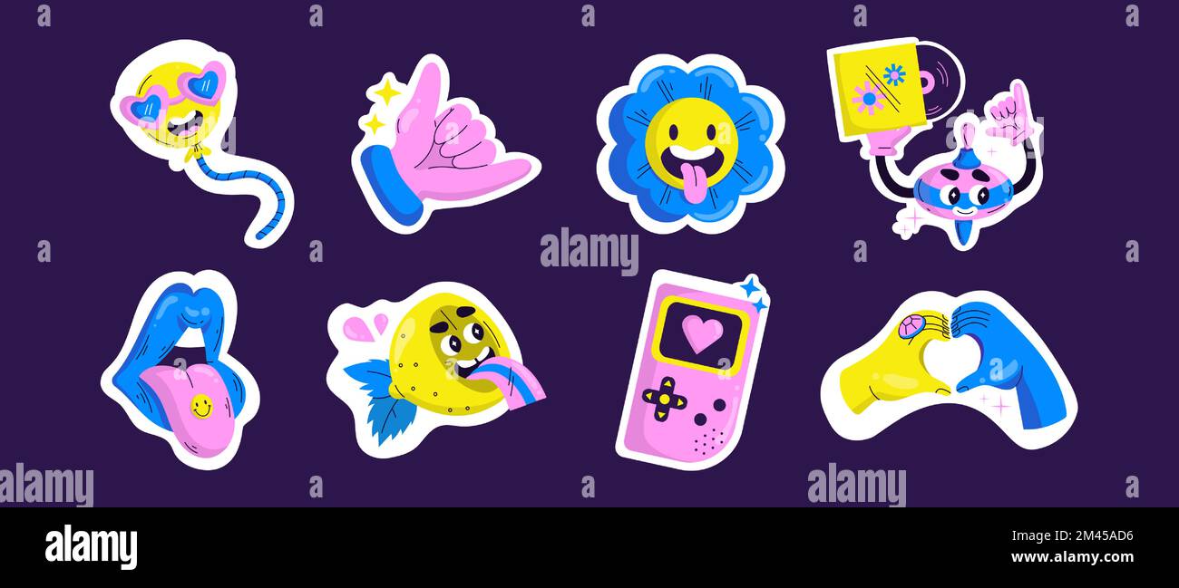 Cute retro style stickers set isolated on background. Contemporary ...