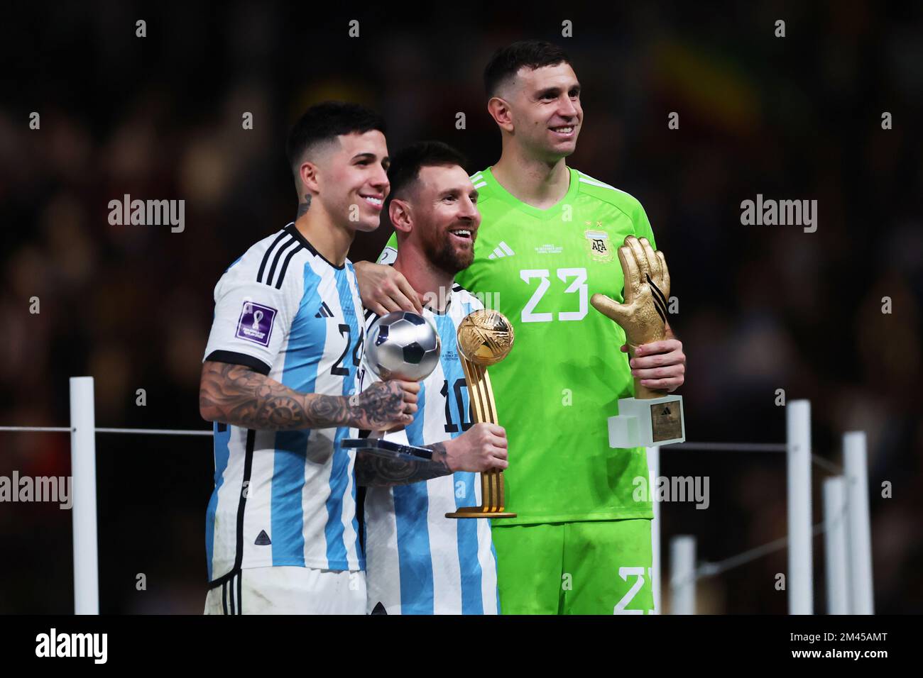 Lusail, Qatar. 18th Dec, 2022. (L to R) Enzo Fernandez, Lionel Messi, Emiliano Martinez (ARG ...