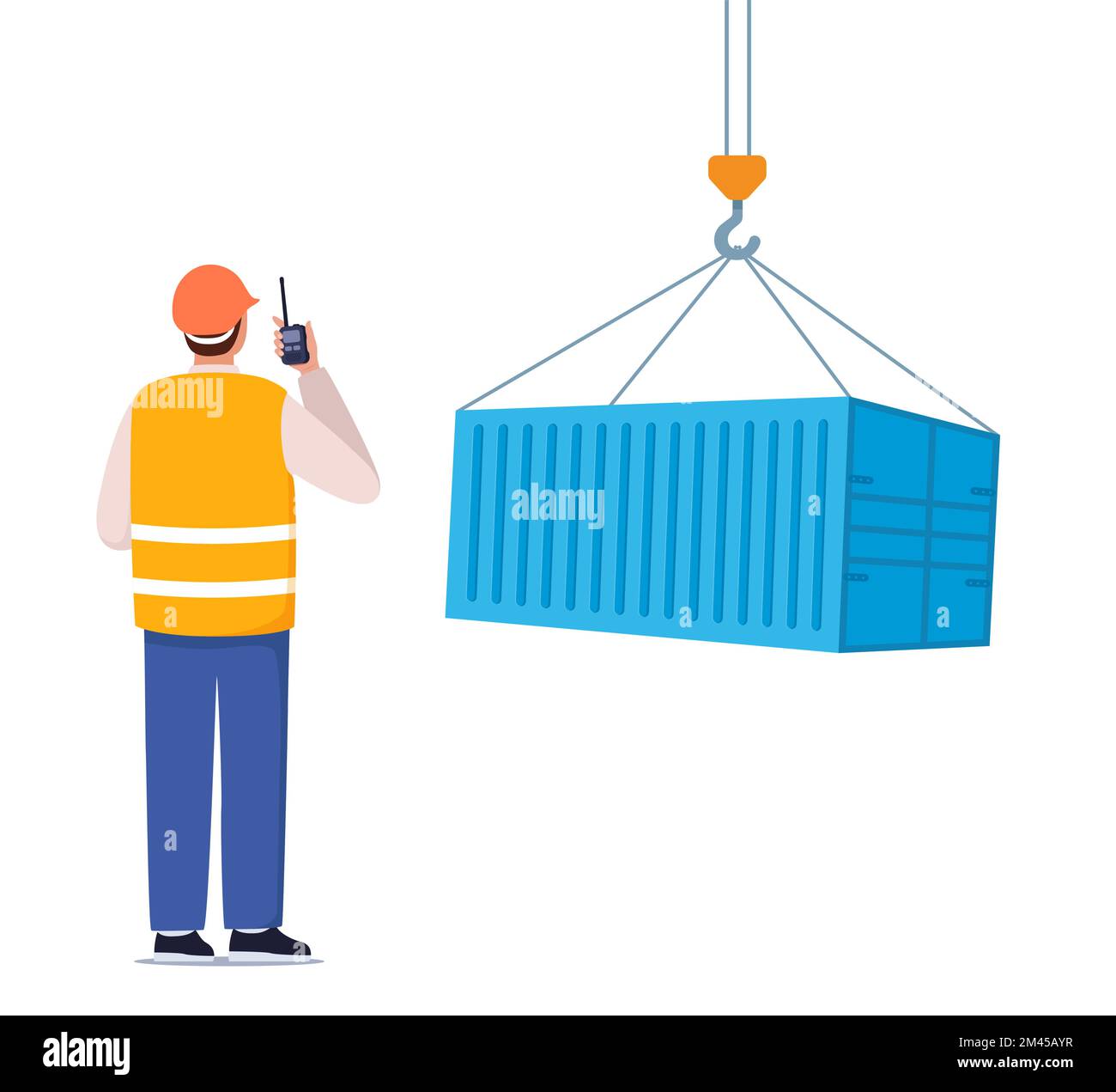 Dock worker semi flat vector illustration. Loading freight container ...